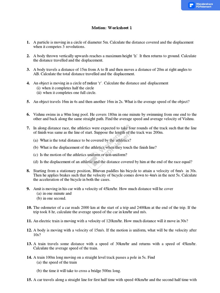 Class 9 MOTION Worksheet | PDF | Acceleration | Speed