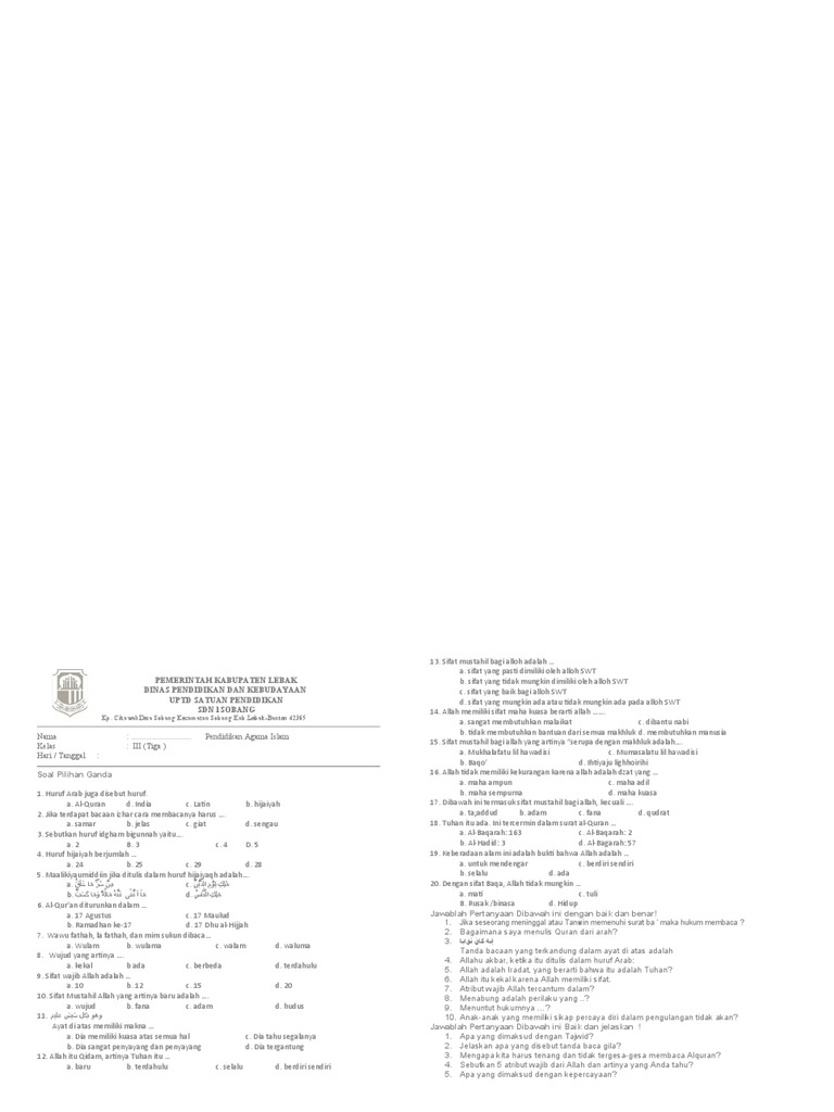 SOAL PTS PAI Kls 3. | PDF