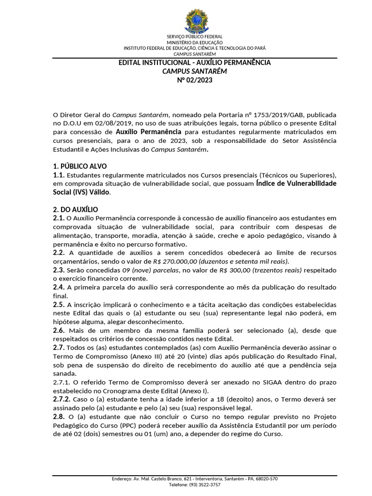Edital Institucional N 02.2023 - Auxilio Permanencia 2023 - Somente para Ivs Valido | PDF ...
