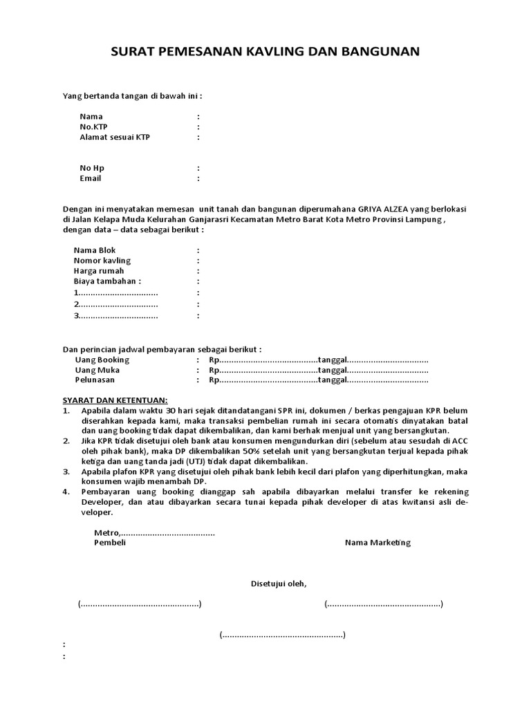 Contoh Surat Pemesanan Kavling Dan Bangunan | PDF