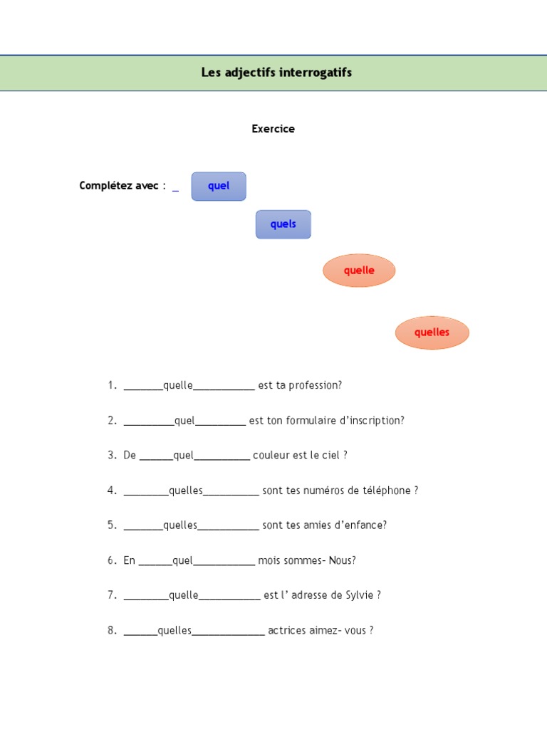 Les Adjectifs Interrogatifs - Exercice | PDF