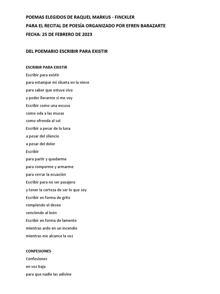 Poemas Elegidos de Raquel Markus - Finckler para El Recital de Poesía ...