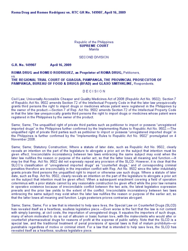 Roma Drug vs. Regional Trial Court of Guagua, Pampanga | PDF | Patent ...