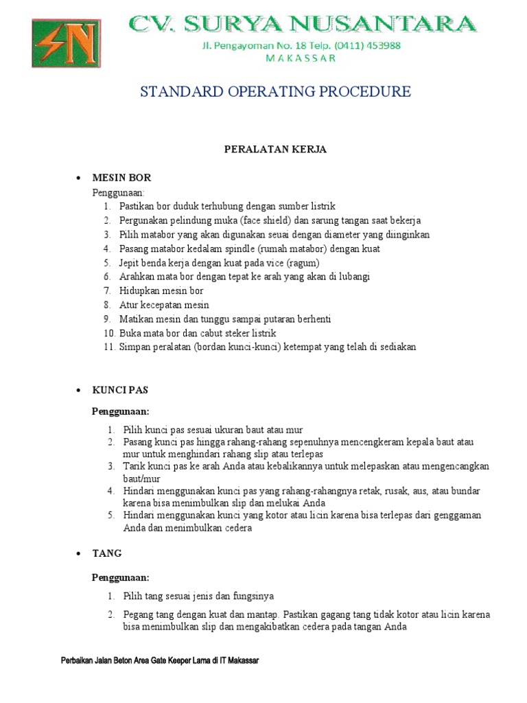 Sop Peralatan Kerja | PDF