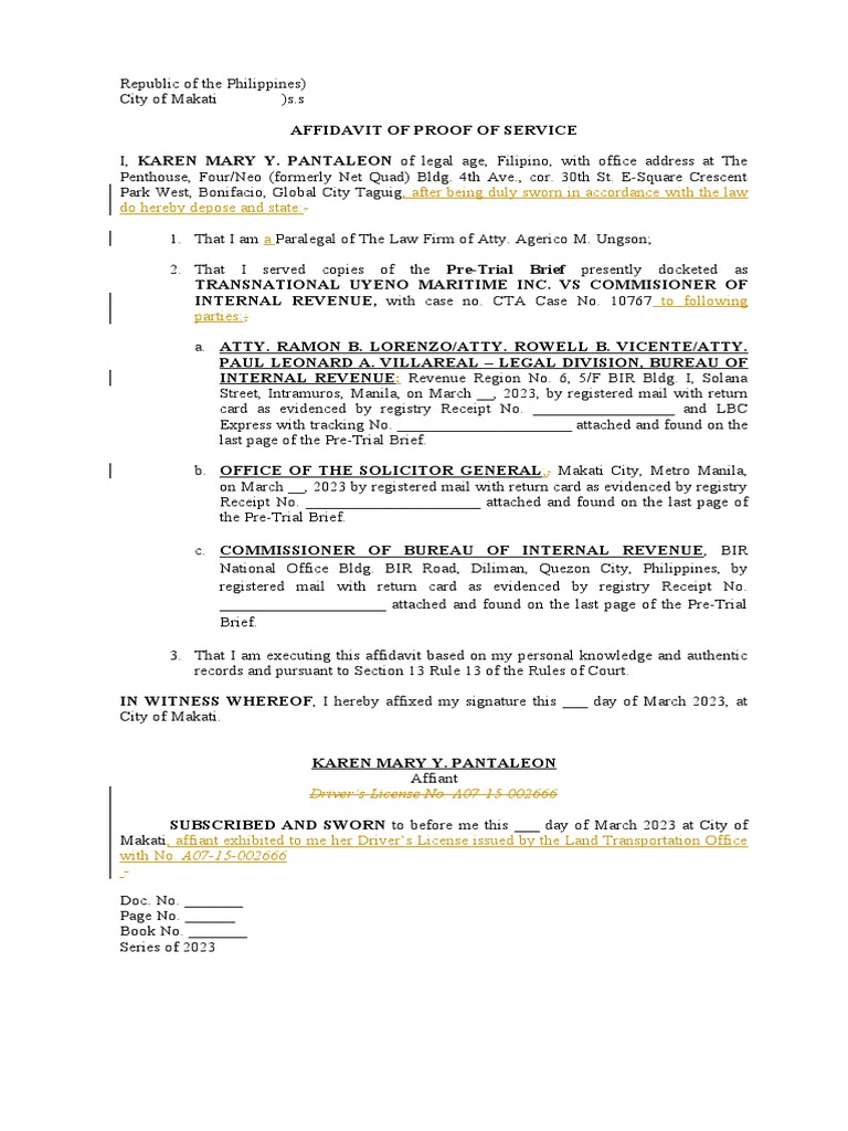Affidavit of Proof of Service - TUMI VS CIR | PDF | Affidavit | Judiciaries