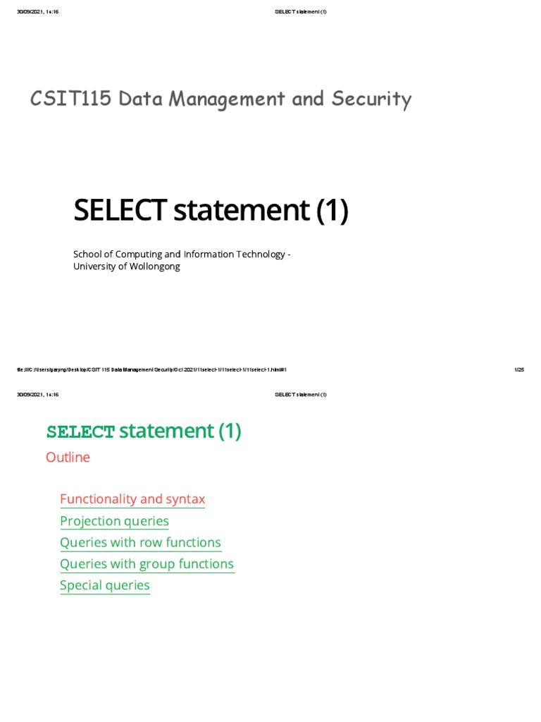11 - SELECT Statement PDF | PDF | Relational Database | Sql