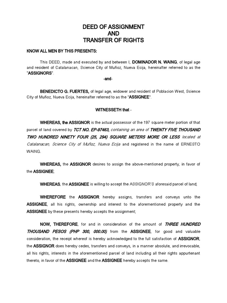 Deed of Assignment and Transfer of Rights | PDF | Assignment (Law) | Rights