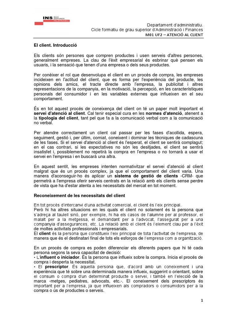Apunts M01UF2 NF1 ATENCIÓ AL CLIENT | PDF
