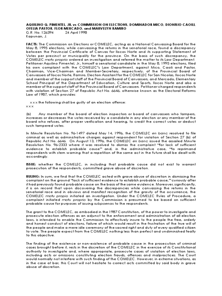 AQUILINO PIMENTEL, JR Vs COMELEC, ET AL. | PDF | Probable Cause ...