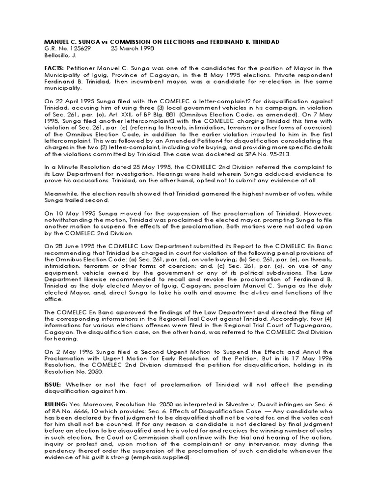 MANUEL C. SUNGA Vs COMMISSION ON ELECTIONS and FERDINAND B. TRINIDAD ...