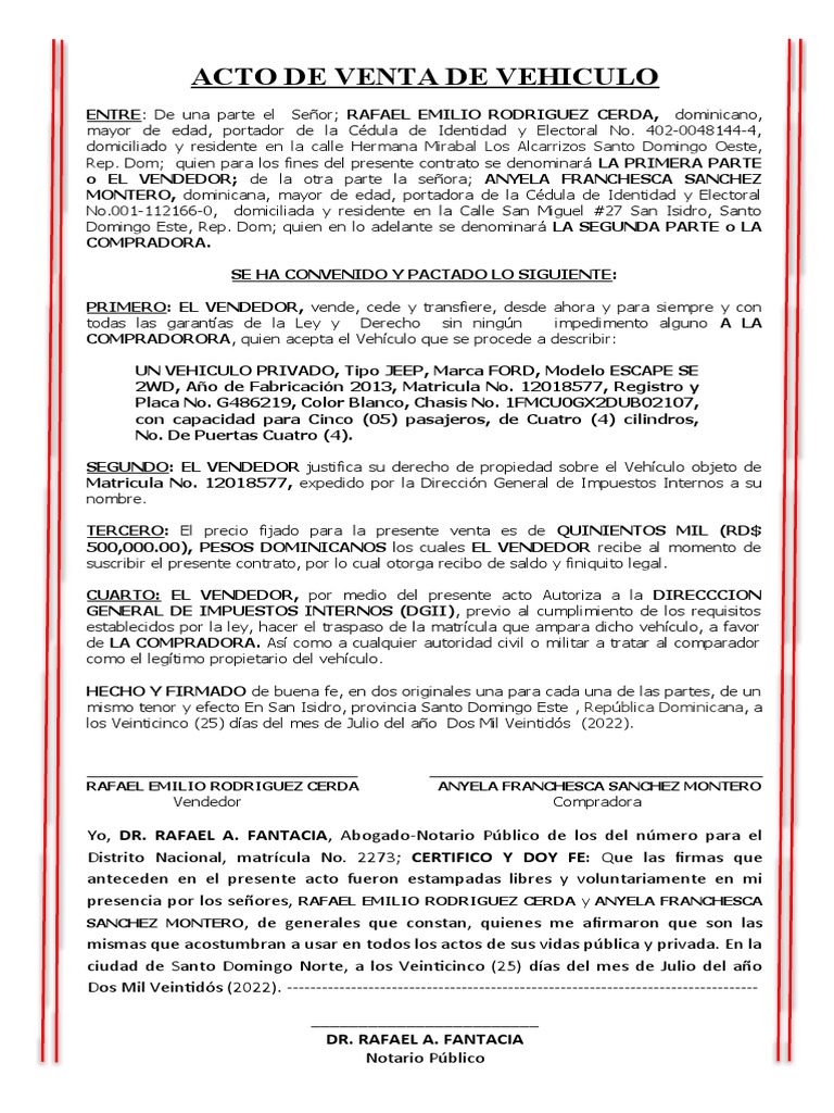 Acto de Venta de Vehiculo Rafael Emilio Rodriguez Cerda | PDF ...