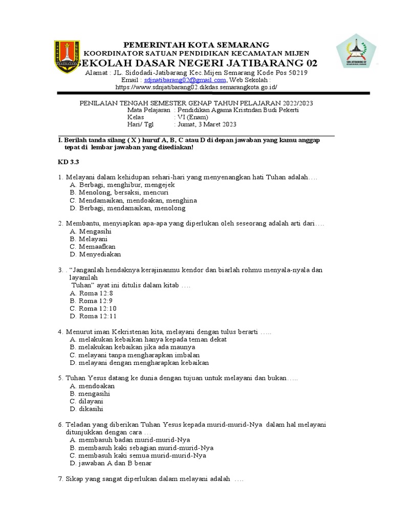Soal PTS Agama Kristen Kelas 6 SD | PDF