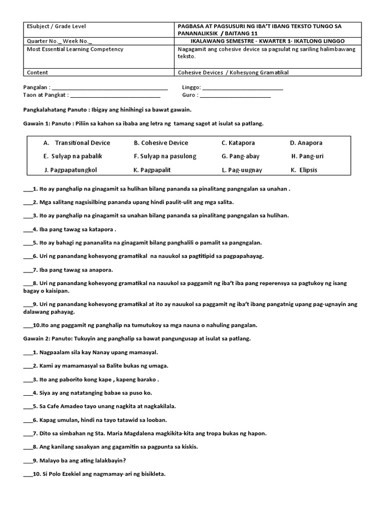 Worksheet Pagbasa Week 3 Q 1 2nd Sem | PDF