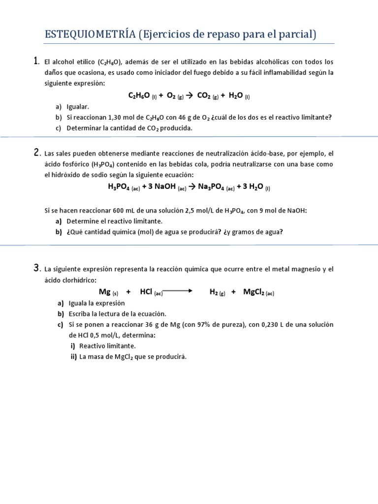 ESTEQUIOMETRÍA - Ejercicios de Repaso | PDF