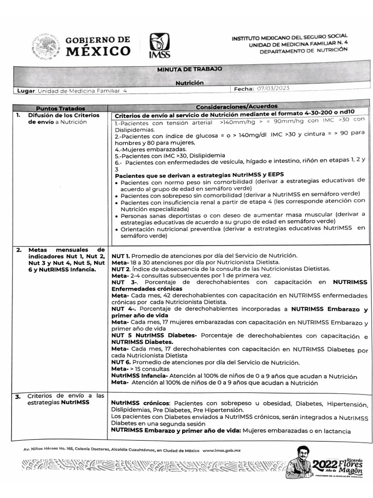Criterios de Envío Al Servicio de Nutrición 4-30-200 PDF | PDF