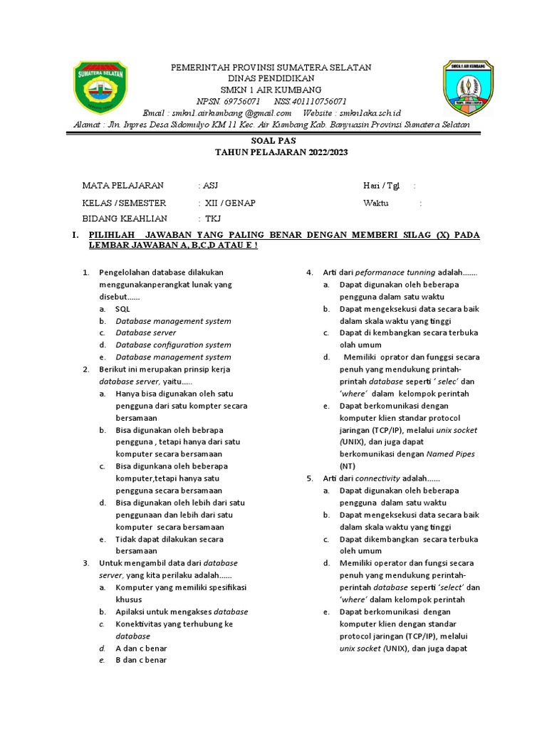 Soal PAS ASJ Kelas XII TKJ 2022/2023 | PDF | Komputer | Teknologi & Rekayasa