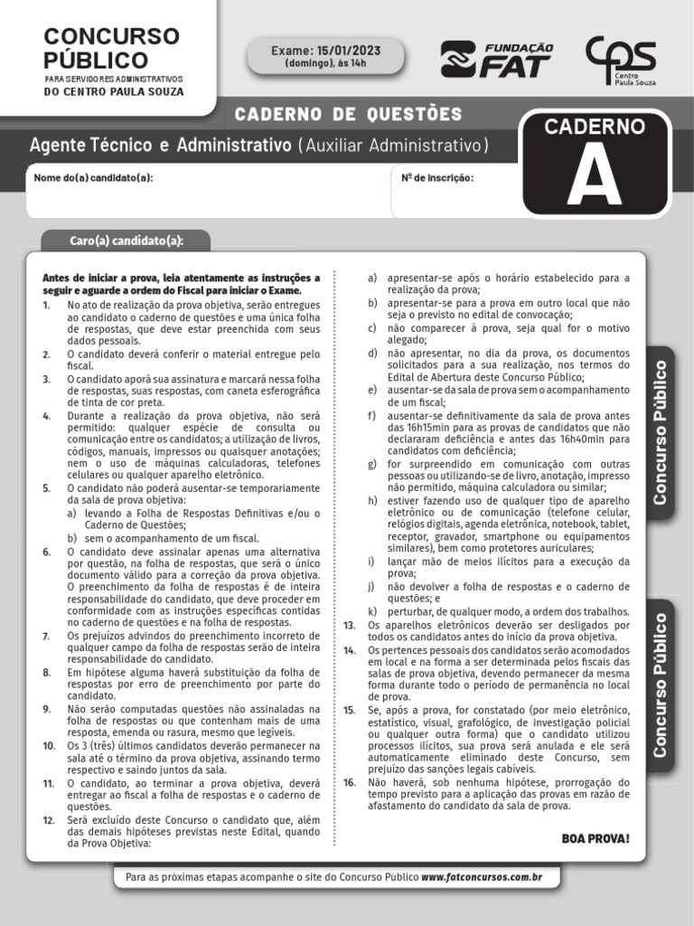 Agente Tecnico e Administrativo Auxiliar Administrativo Versao A PDF | PDF | Teclado de ...
