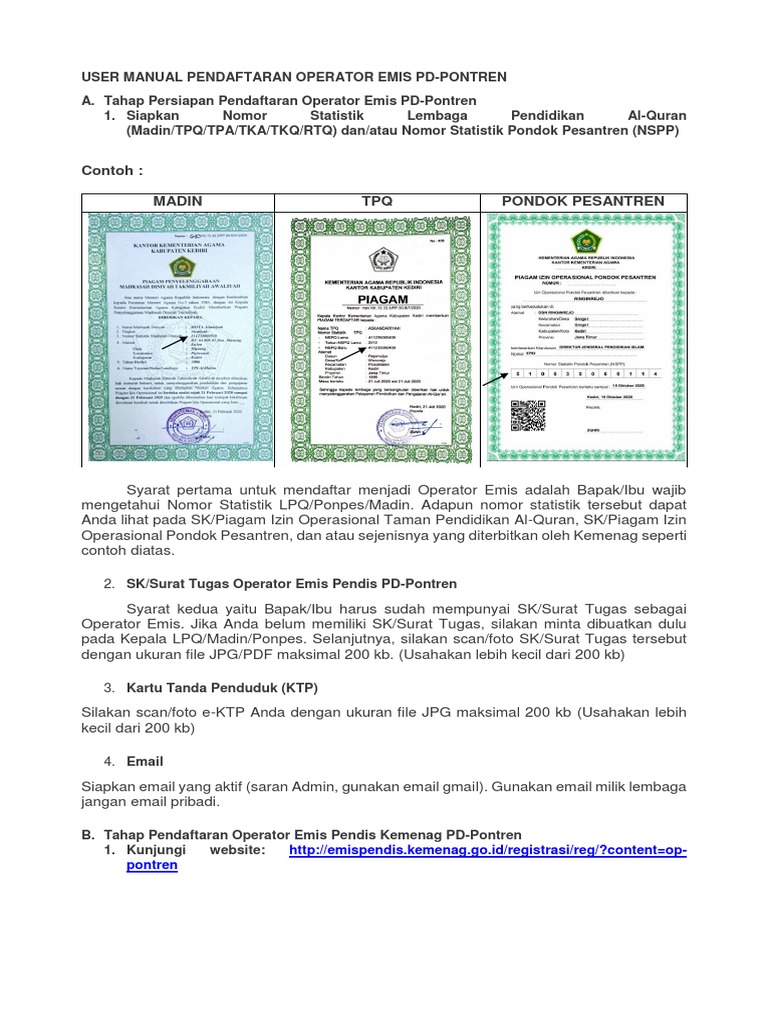 User Manual Pendaftaran Operator Emis PD Pontren | PDF User Manual Pendaftaran Operator Emis PD Pontren | PDF