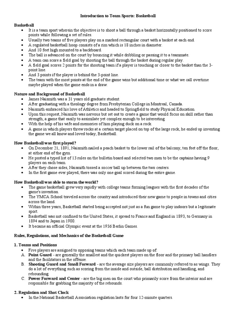 Introduction To Team Sports - BASKETBALL PE QUARTER 2 | PDF ...