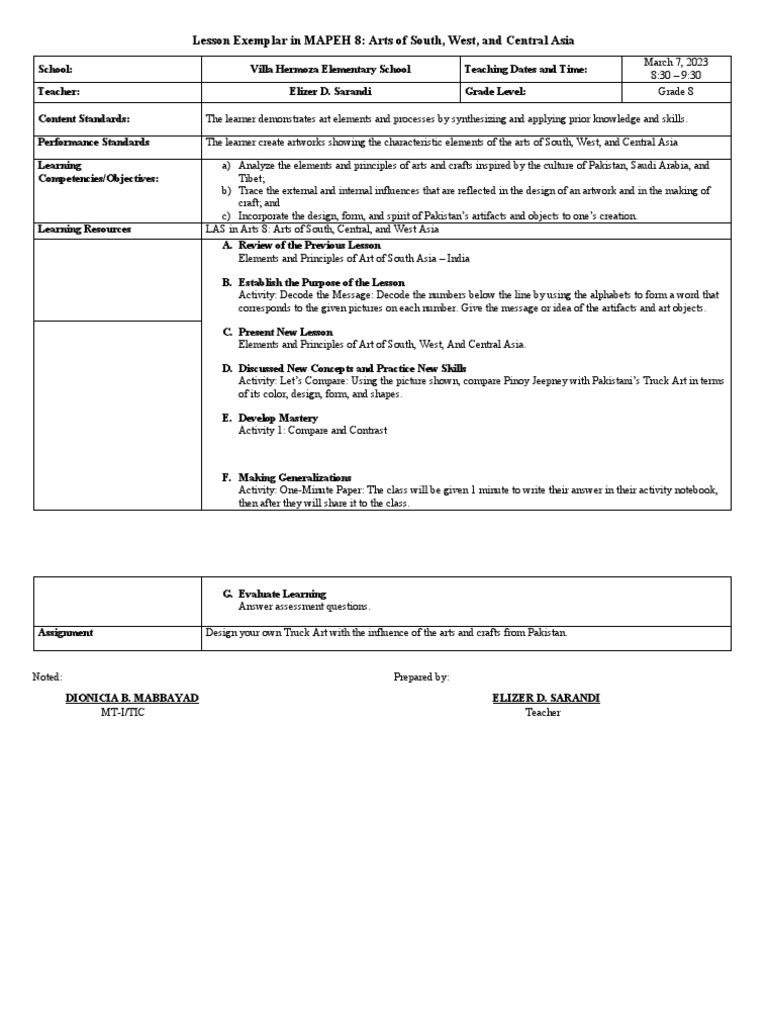 Lesson Exemplar MAPEH 8 - ARTS OF PAKISTAN, SAUDI ARABIA AND TIBET ...