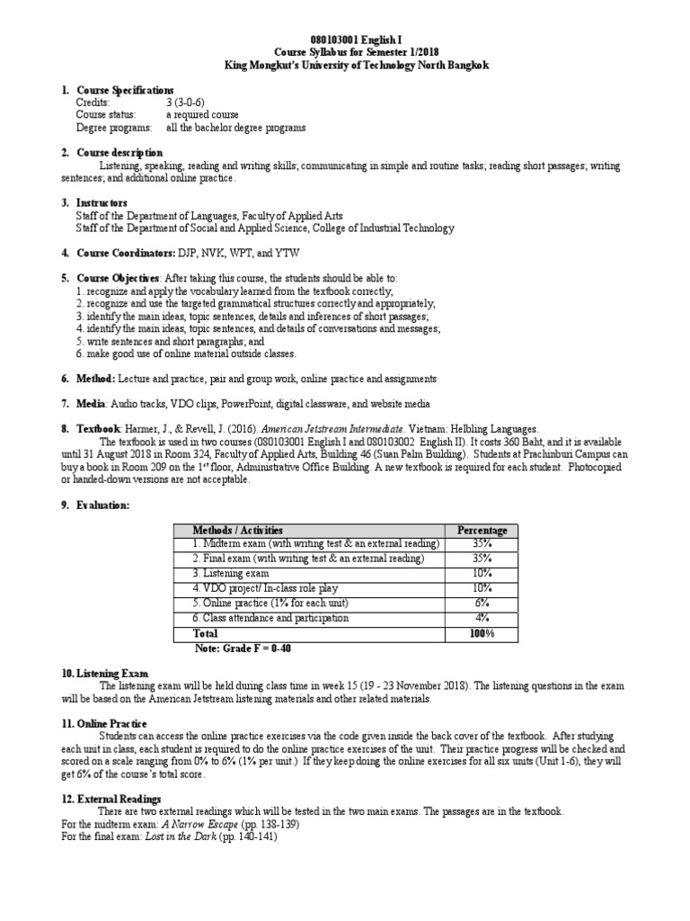 English I Syllabus for Beginners | PDF | Textbook | English Language
