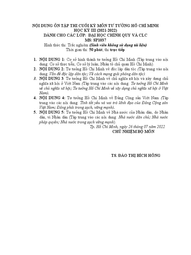 SP1037-HK213-NỘI DUNG ÔN TẬP THI CUỐI KỲ MÔN TƯ TƯỞNG HỒ CHÍ MINH-HỆ CQ-CLC | PDF