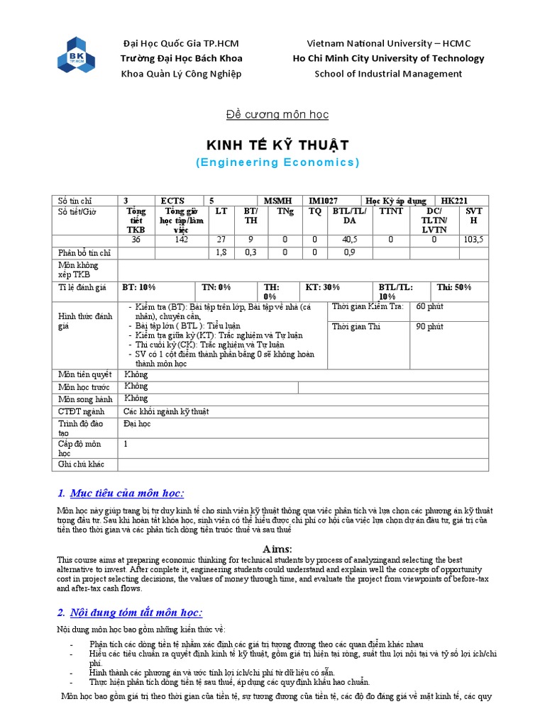 Kinh Te Ky Thuat - IM1027 - HK221 - CQ | PDF