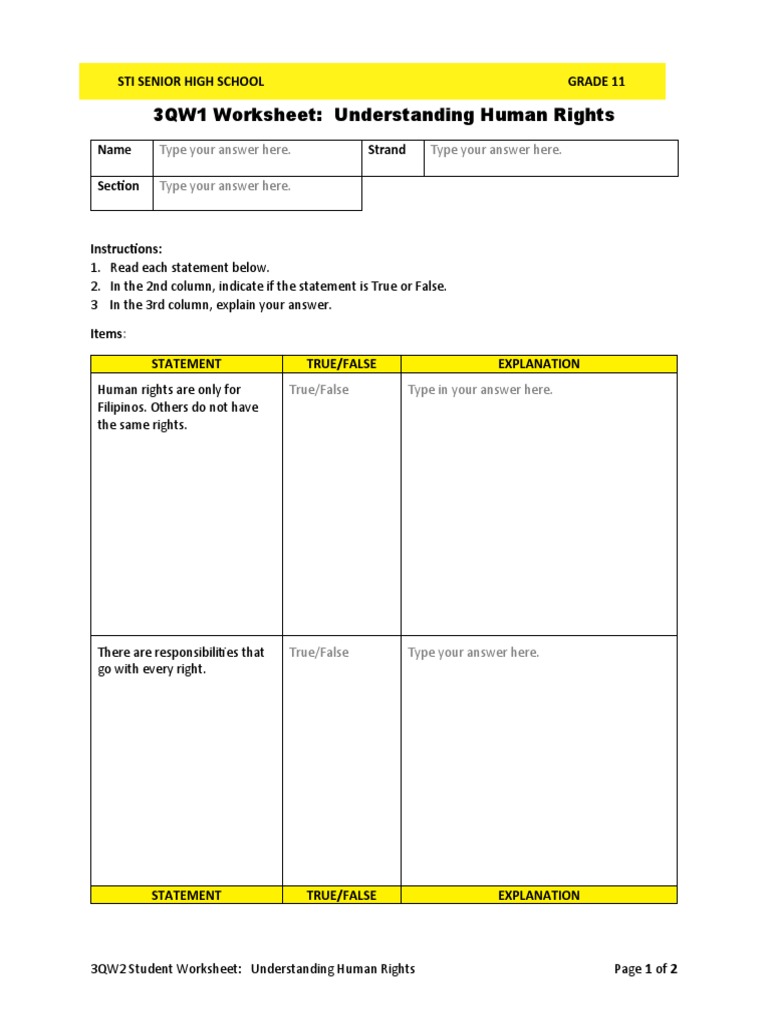 G113QW2 Worksheet - Understanding Human Rights | PDF | Social Science