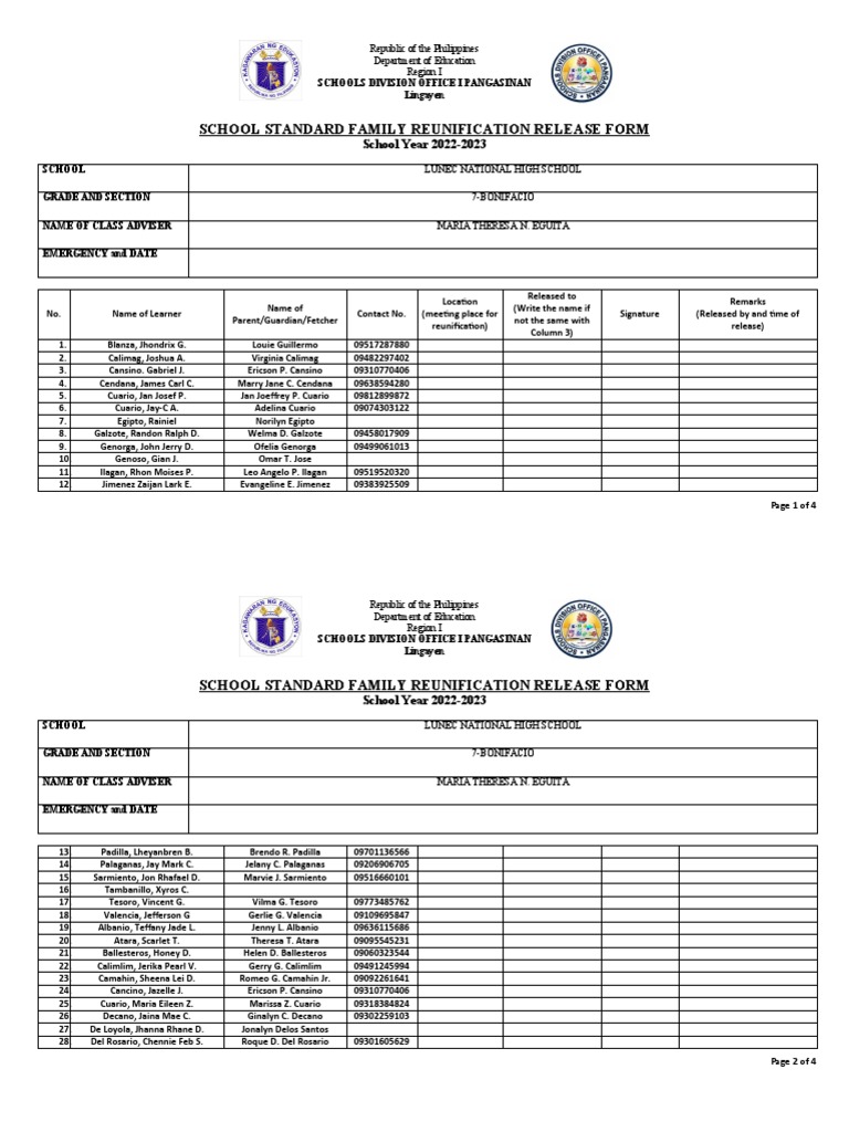 Family Reunification Release Form-7Bonifacio22-23 (AutoRecovered) | PDF