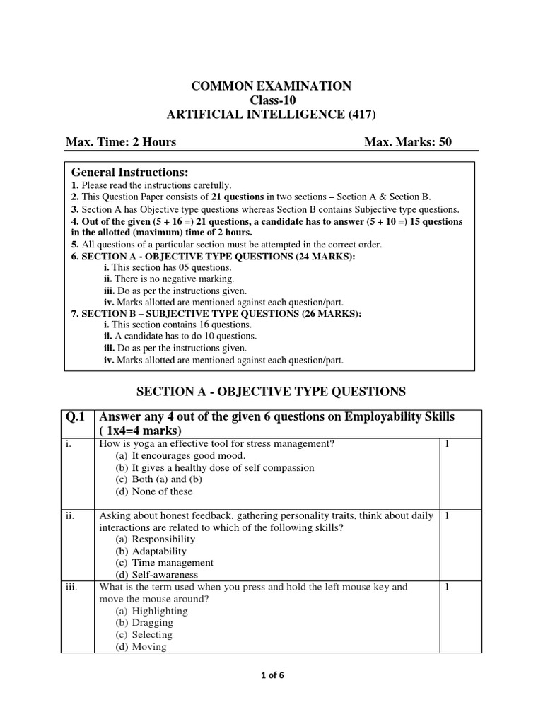Class X-AI Extra Sample QP 1 | PDF | Artificial Intelligence | Intelligence (AI) & Semantics