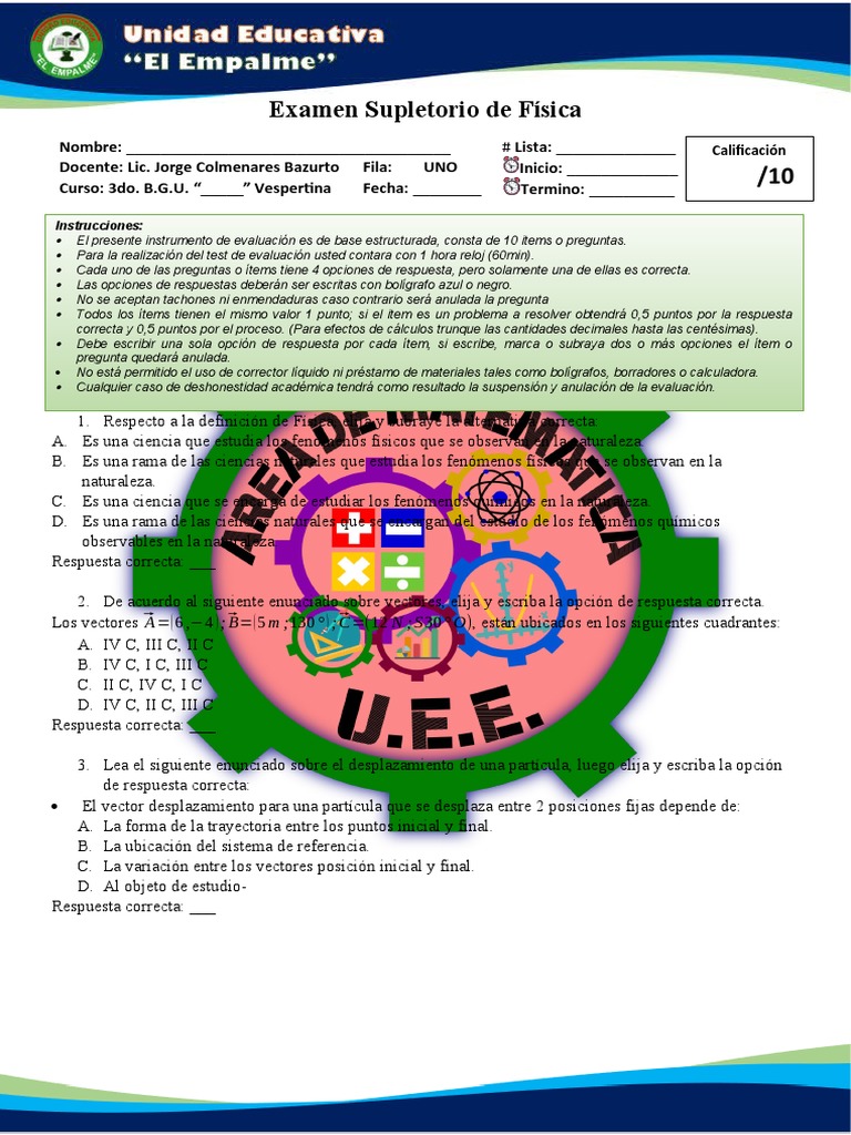 Evaluación de Física: Examen Supletorio | PDF | Velocidad | Aceleración