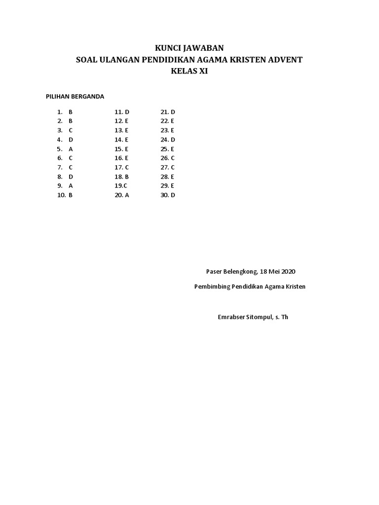 Kunci Jawaban Ulangan Agama Kelas Xi Pilihan Ganda | PDF