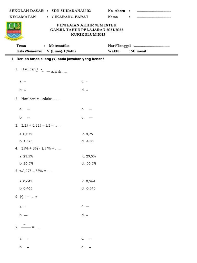 SOAL PAS MTK KLS 5 Ini-Dikonversi | PDF