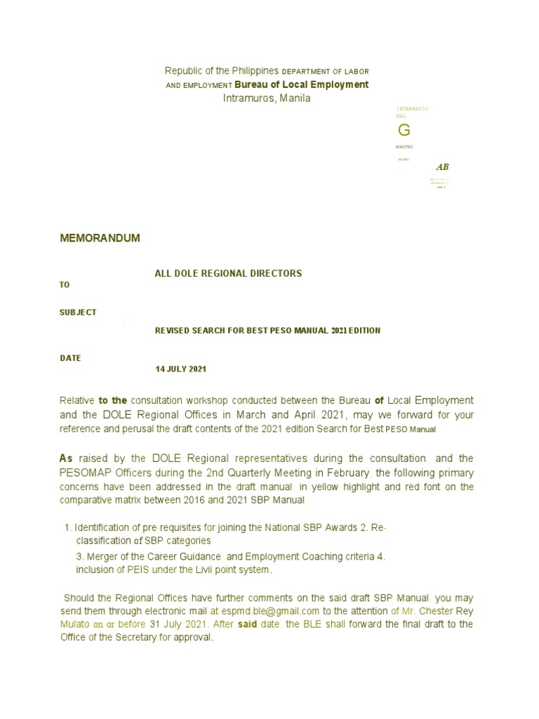 Memo To All Regions On Revised SBP Manual 2021 | PDF | Unemployment ...