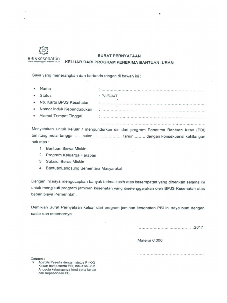 Surat Pernyataan Keluar Dari PBI Penerima Bantuan Iuran BPJS Kesehatan | PDF