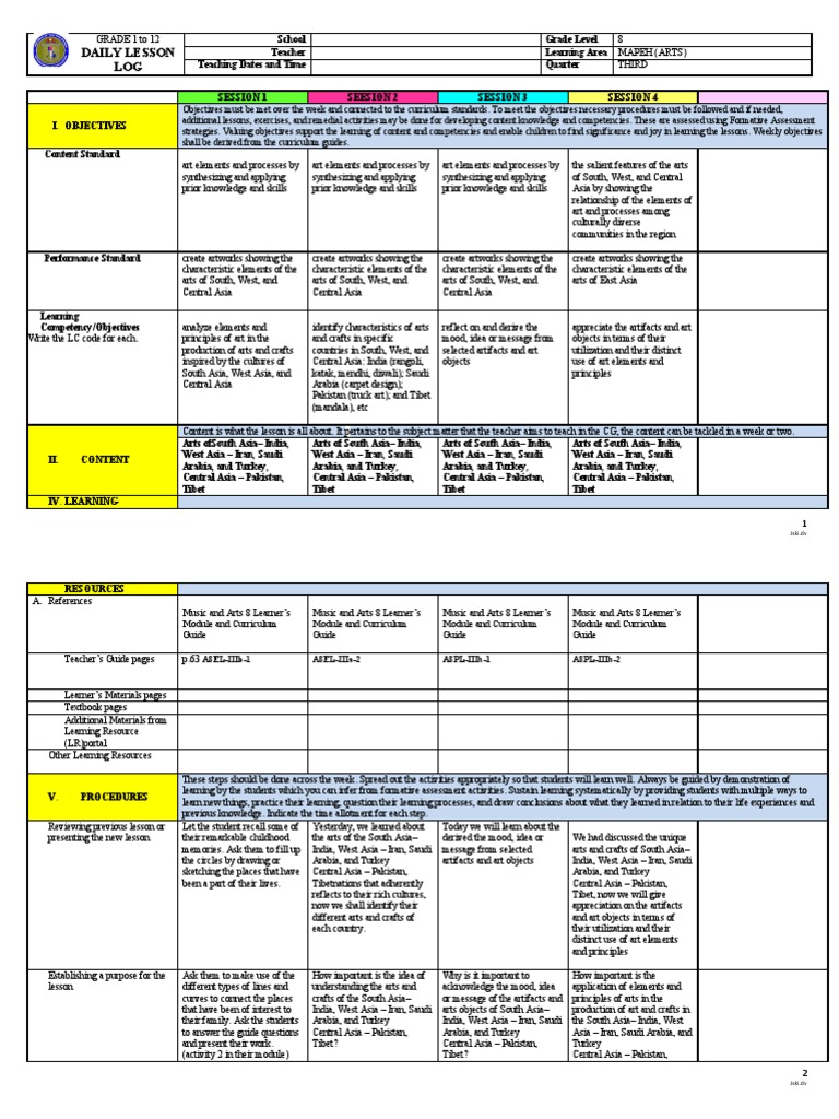 DLL Arts 8 Q3 | PDF | Learning | Curriculum