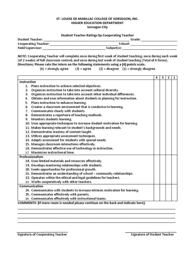 Student Teaching Ratings by Cooperating Teacher PDF | PDF | Teachers ...