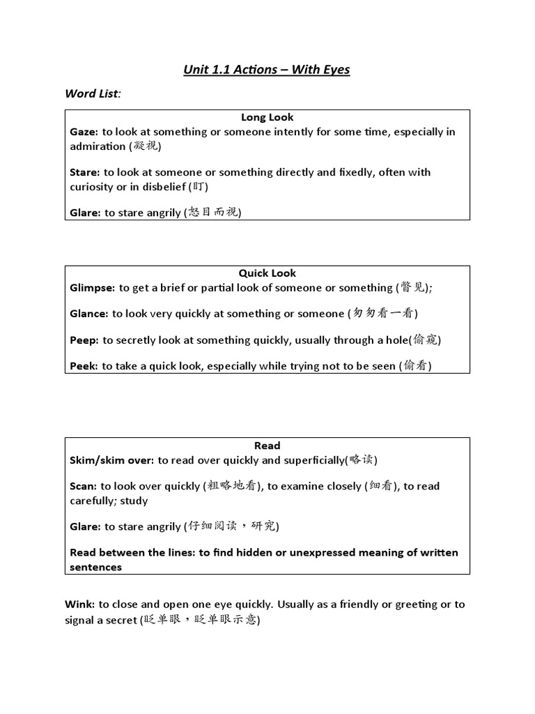 Unit 1.1 Actions__ With eyes | PDF