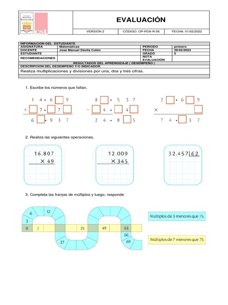 Evaluación de Matemáticas Grado 5 | PDF