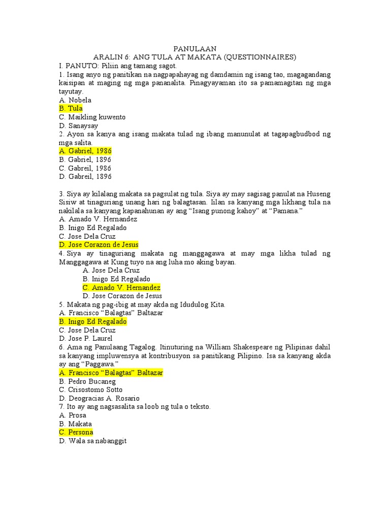 Panulaan Questionnaires - 102840 | PDF