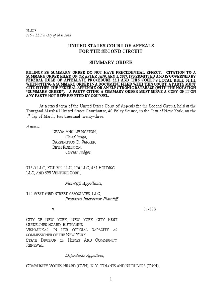 Summary Order, 335-7 LLC v. City of New York, No. 21-823 (2d Cir. Mar. 1, 2023) | PDF | Facial ...