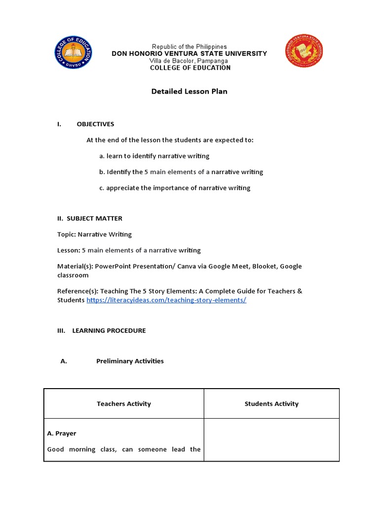 Detailed Lesson Plan - Narrative Writing | PDF | Plot (Narrative ...
