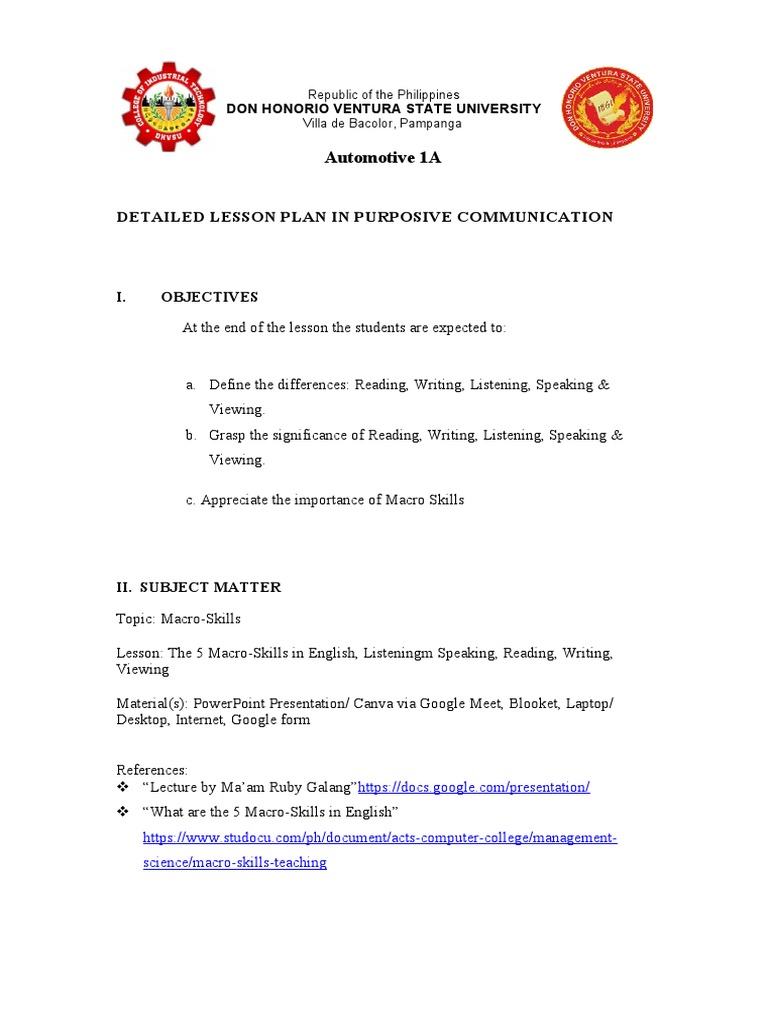 Detailed Lesson Plan - Macro Skills | PDF | Communication | Punctuation