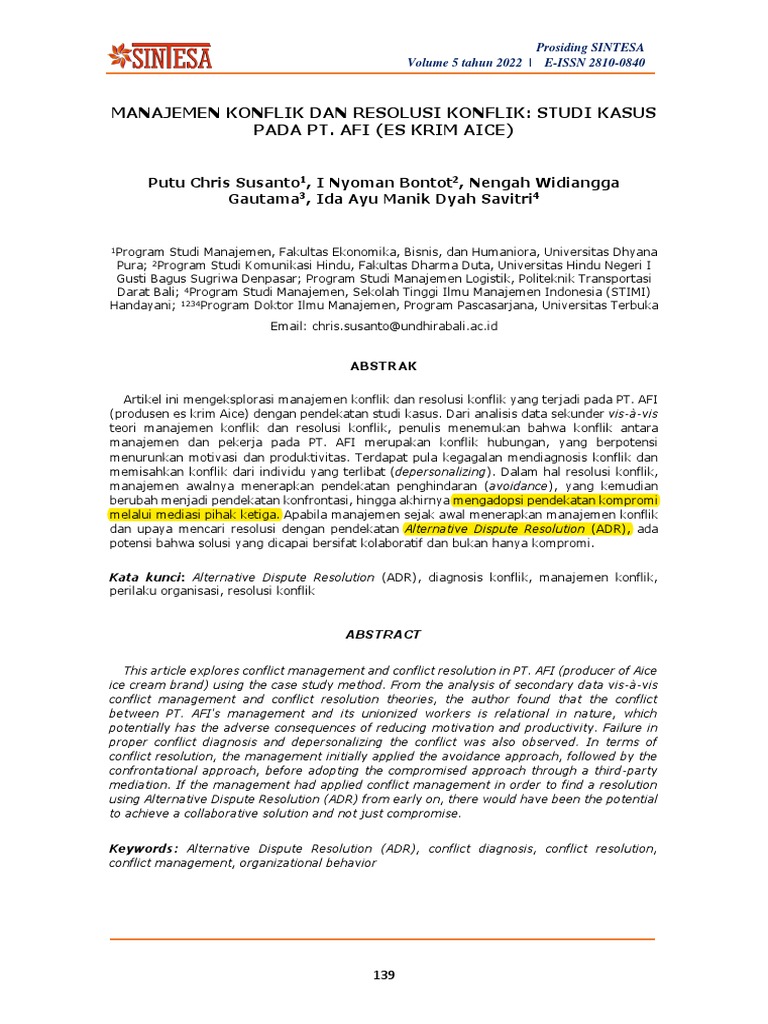 Manajemen Konflik Dan Resolusi Konflik - Studi Kasus Pada PT AFI (Es Krim AICE) - Putu Chris ...