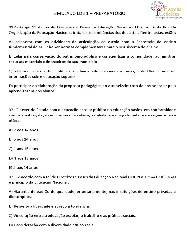 LDB Simulado 1 Ano 23 | PDF | Pedagogia