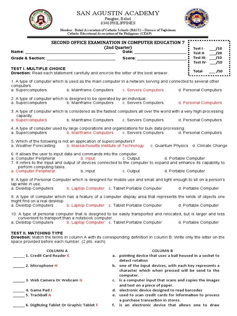 Comp7 - Answer Key - Dec. Exam - 1st Set | PDF | Personal Computers | Laptop