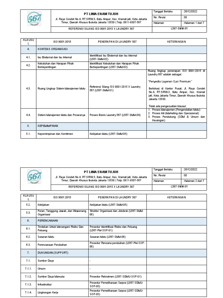 L567-SMM-01 Cross Reference ISO 9001 X Laundry 567 | PDF