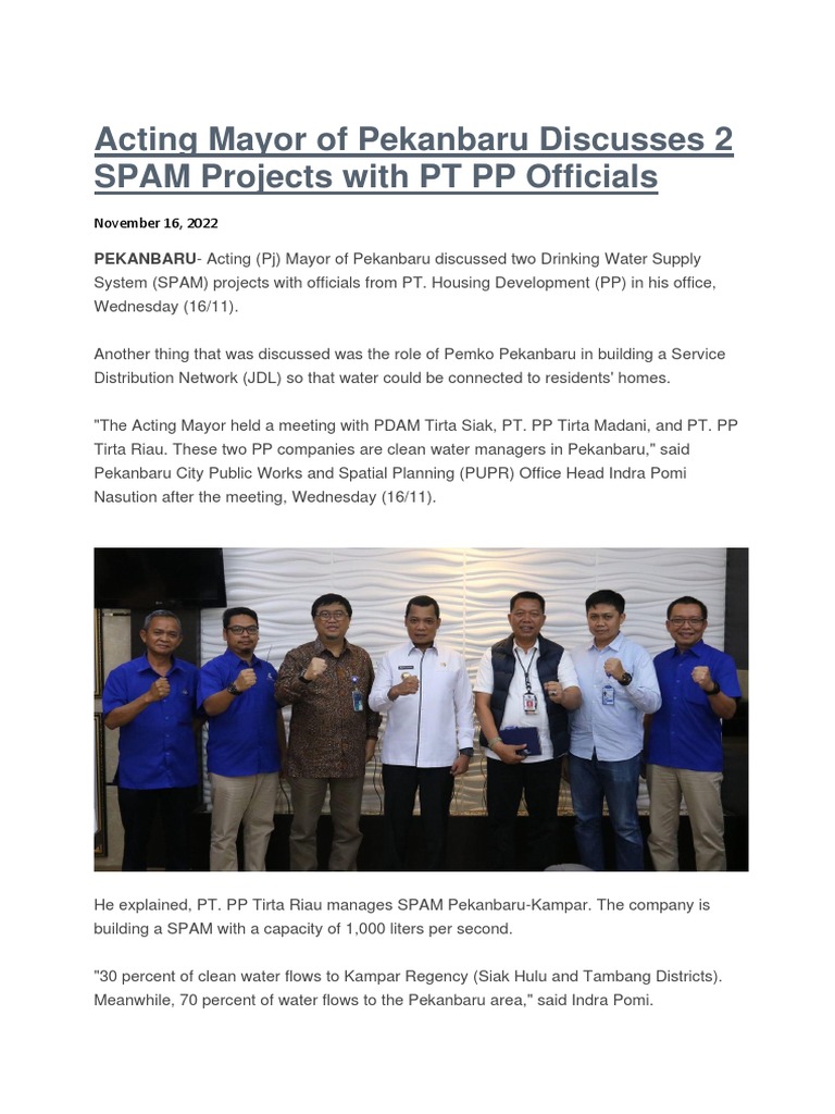 Acting Mayor of Pekanbaru Discusses 2 SPAM Projects With PT PP Officials | PDF