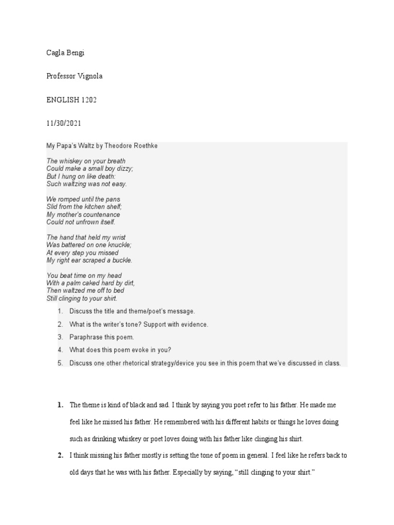 My Papa's Waltz by Theodore Roethke | PDF