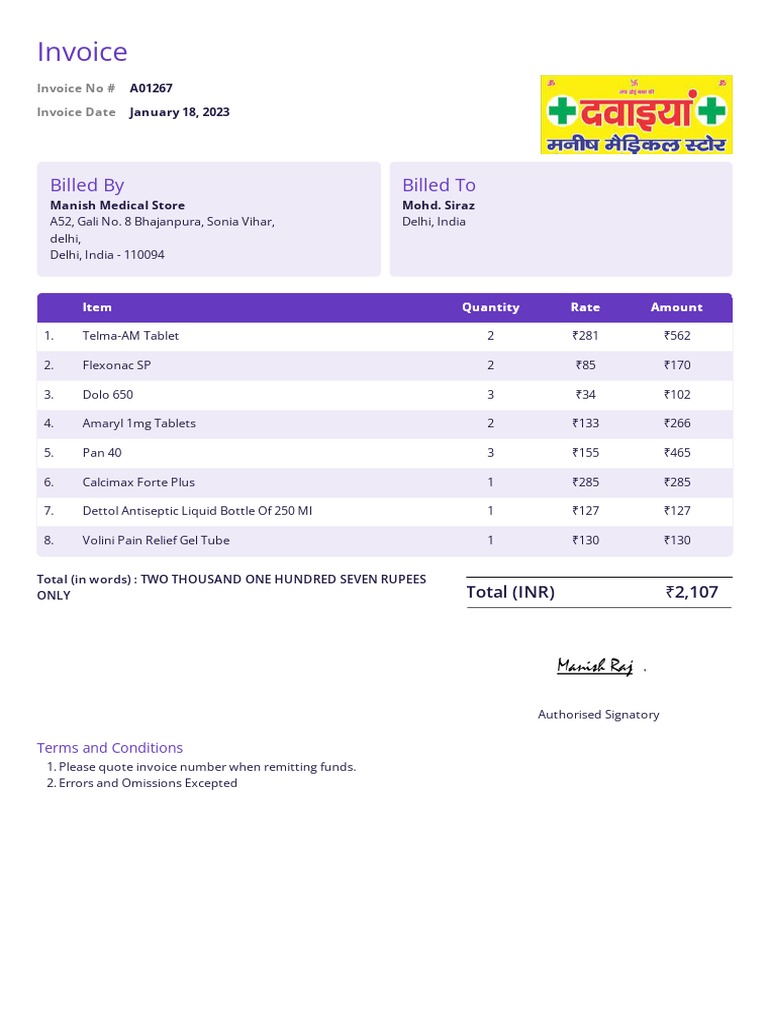 Medical Invoice from Manish Store | PDF